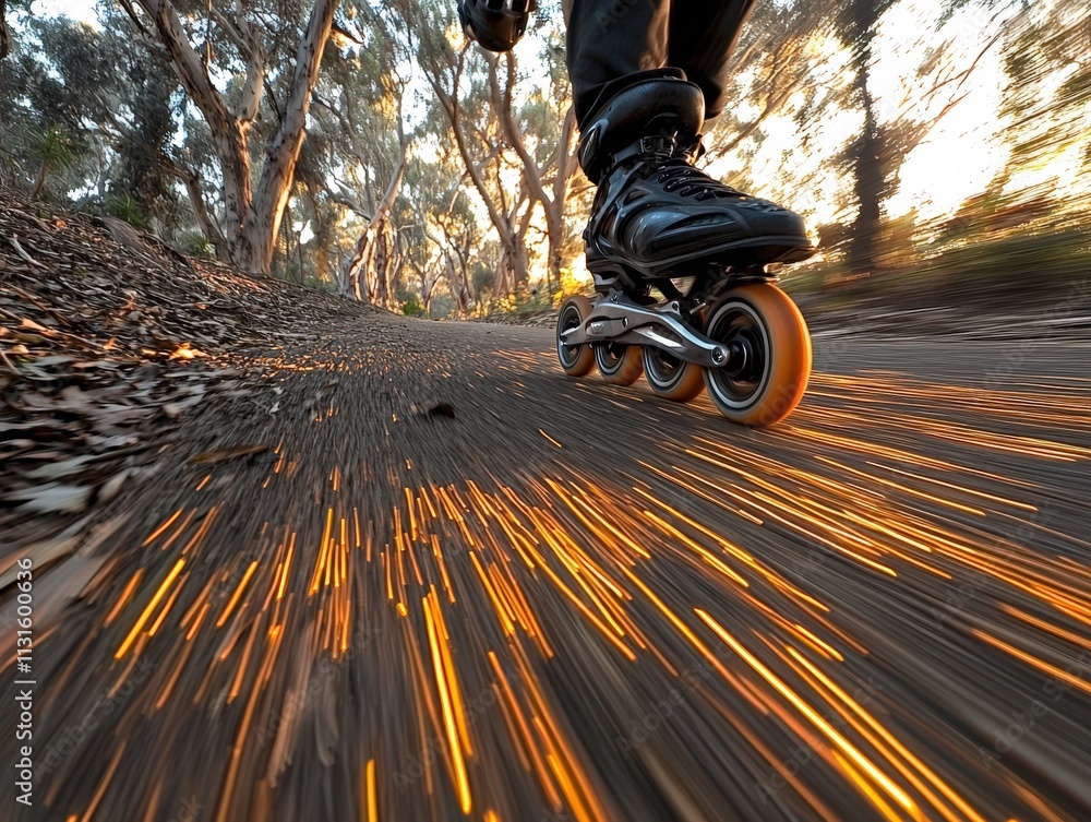 High-speed rollerblading through a sun-dappled forest path. Dynamic ...