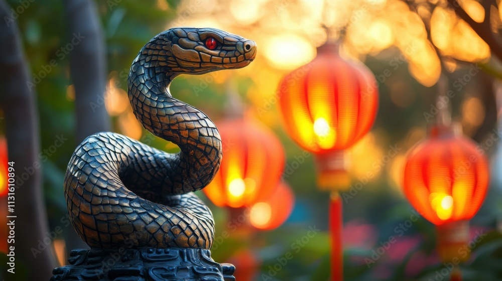 Statue of a snake and Chinese lanterns. Celebration of the Chinese New ...
