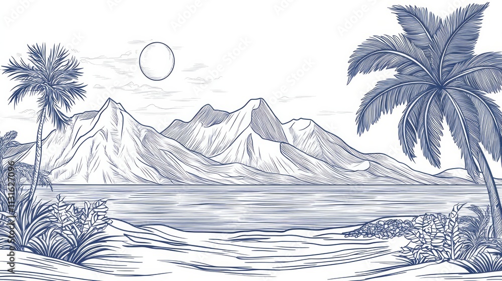 Tropics oasis island line drawing. Abstract tropical landscape ...