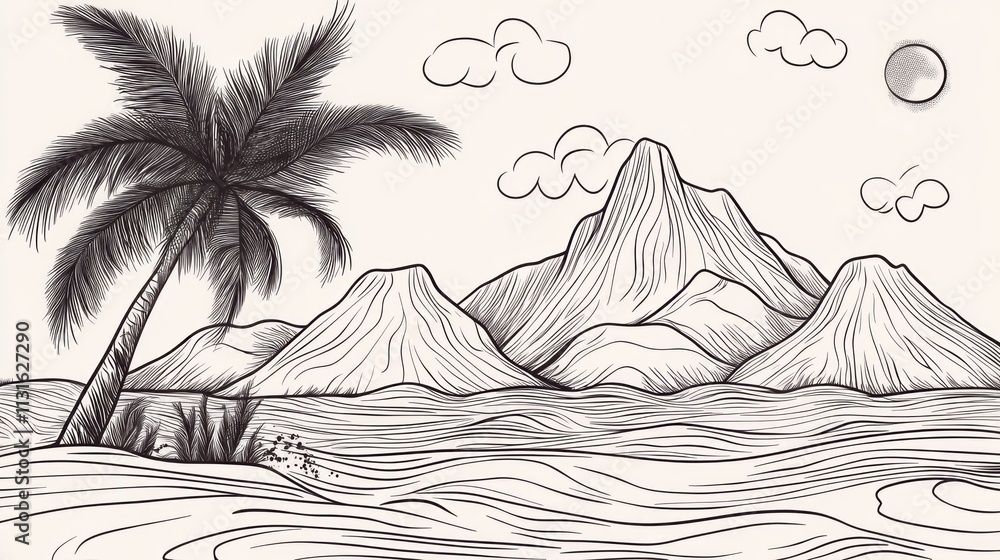 Tropics oasis island line drawing. Abstract tropical landscape ...