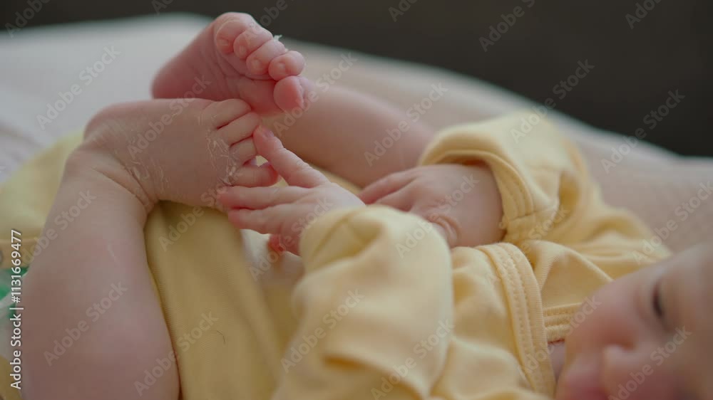 Close-up video of a newborn baby's legs with peeling skin, a common ...
