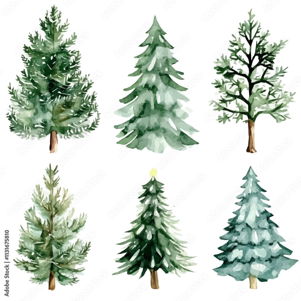 Watercolor set of various Christmas trees in different, watercolor ...