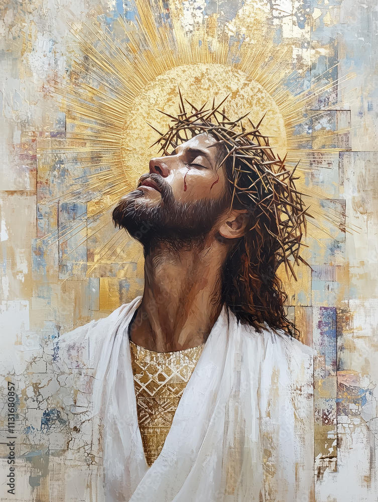 Jesus Christ wearing a crown of thorns praying, holy halo, iconic ...