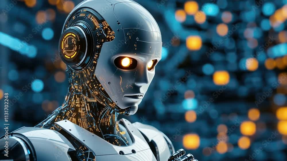 The Robot's Gaze: A humanoid robot with glowing eyes gazes into the distance, its metallic skin ...