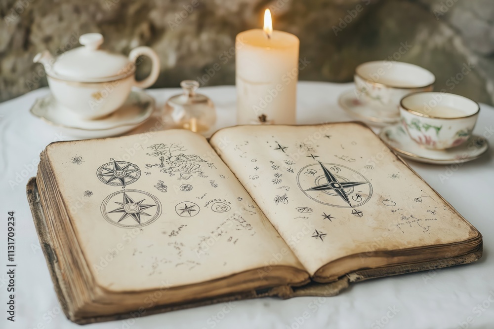 Vintage journal filled with mystical astrology symbols. Open book shows ...