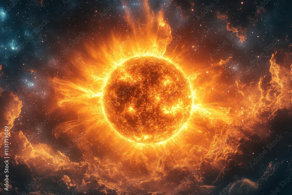 celestial sun surrounded by a cosmic backdrop radiating warmth and ...