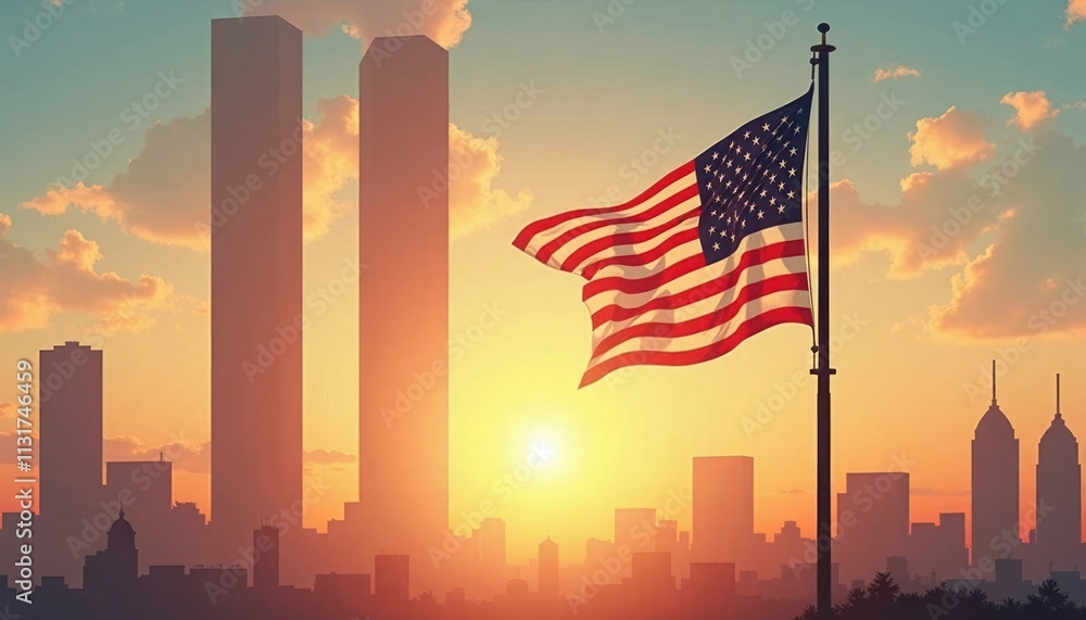 Silhouette city skyline at sunrise. American flag flies gently. Twin ...