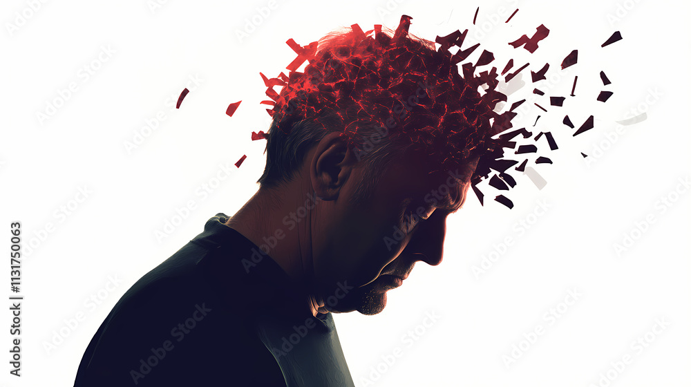 Side profile of a sad man losing parts of head as symbol of decreased ...