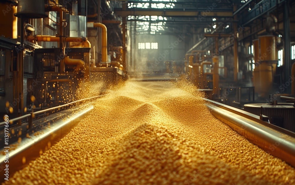Golden Grains: A panoramic view of wheat flour processing in a bustling ...