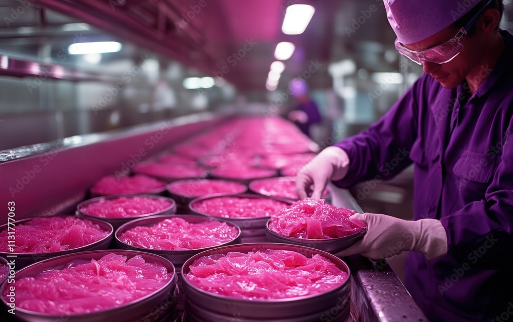 Photo & Art Print Modern fish canning facility: Rows of pink fish ...