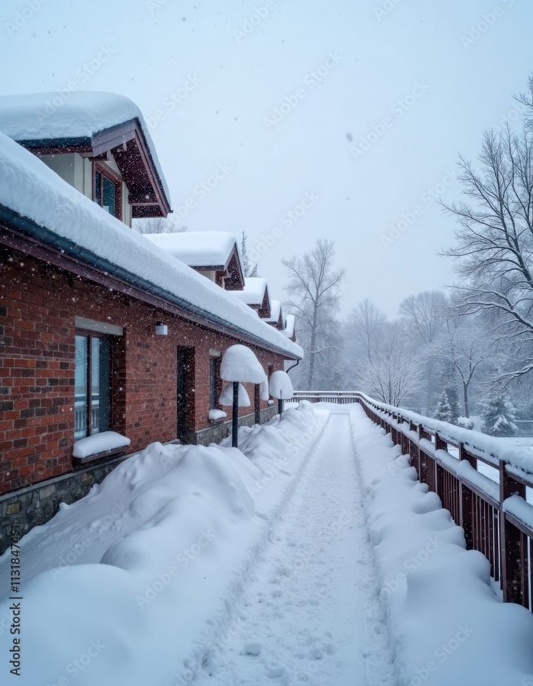 Snowy pathway between buildings. Snow builds up on roofs. Snow drifts ...