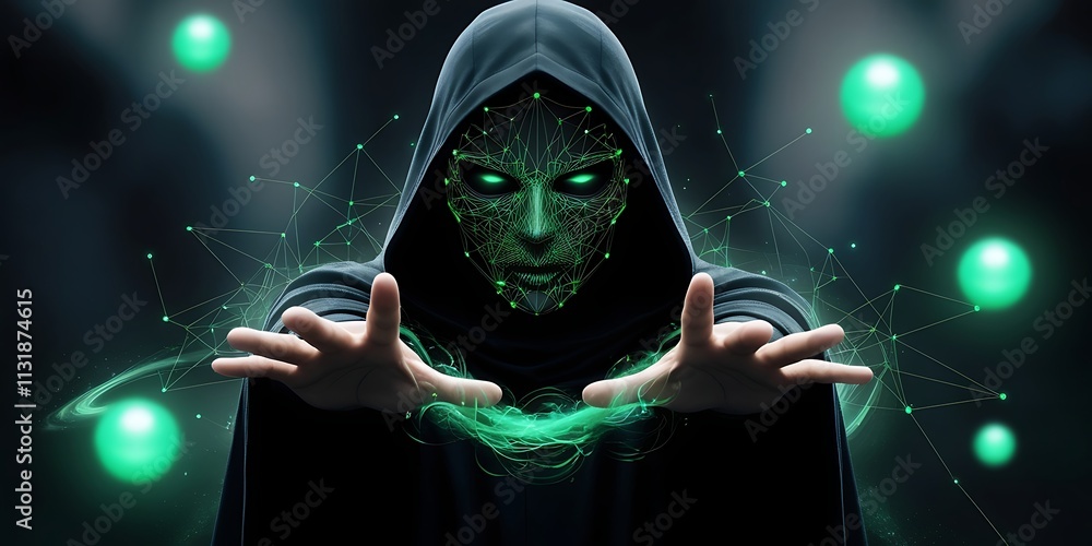 Faceless hacker in a hooded sweatshirt conjuring digital data from ...