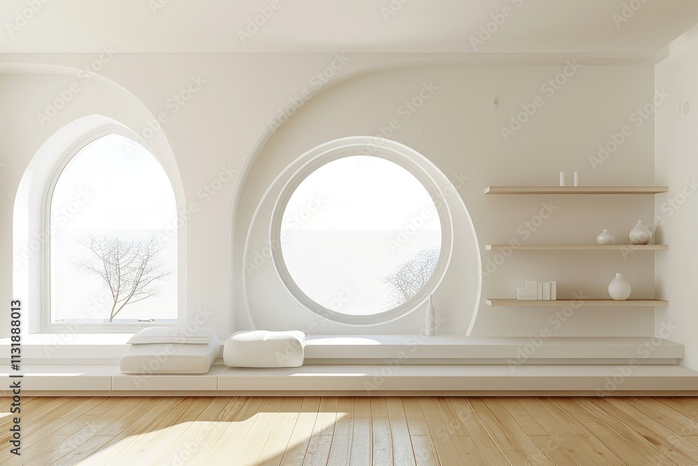 Modern interior design of a living room with arch windows and shelf for ...
