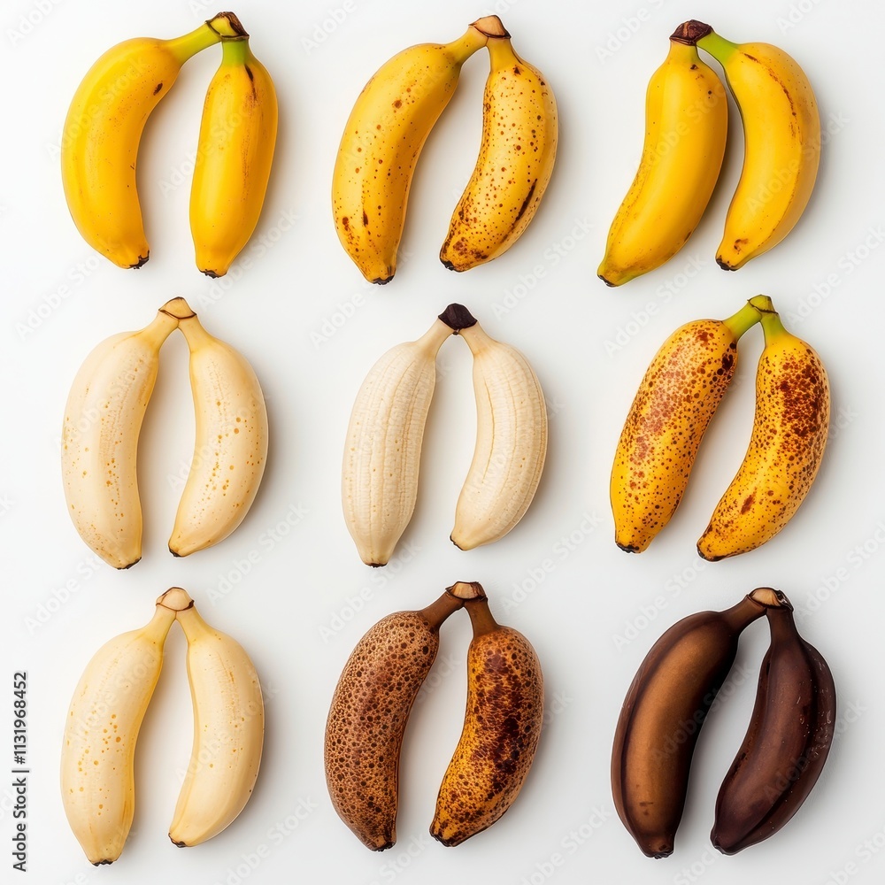 Nine pairs of bananas showing ripening stages from green to brown ...