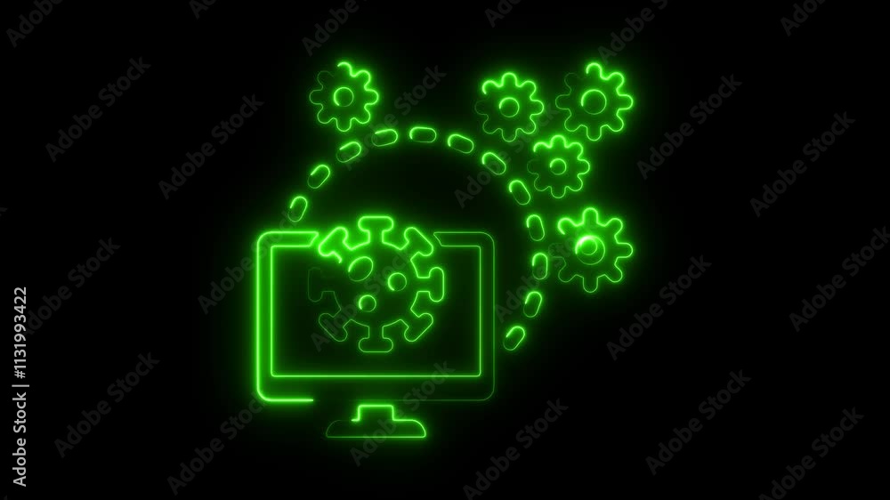 Futuristic Neon Cybersecurity Animation with Virus and Gears, Glowing ...