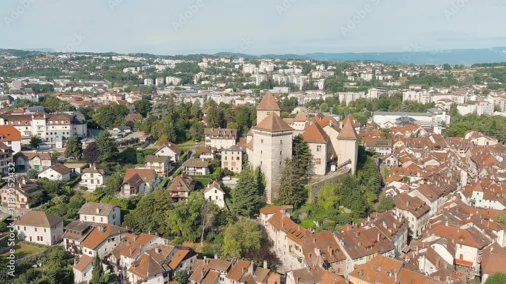 Dolly zoom. Annecy, France. Annecy Castle. Historical city center with ...