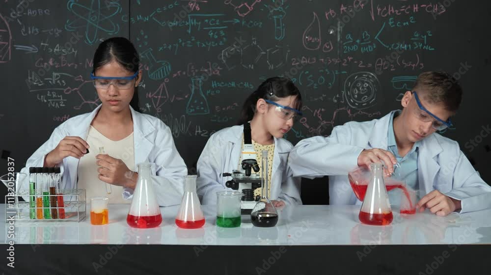 Professional diverse student doing experience at blackboard with ...