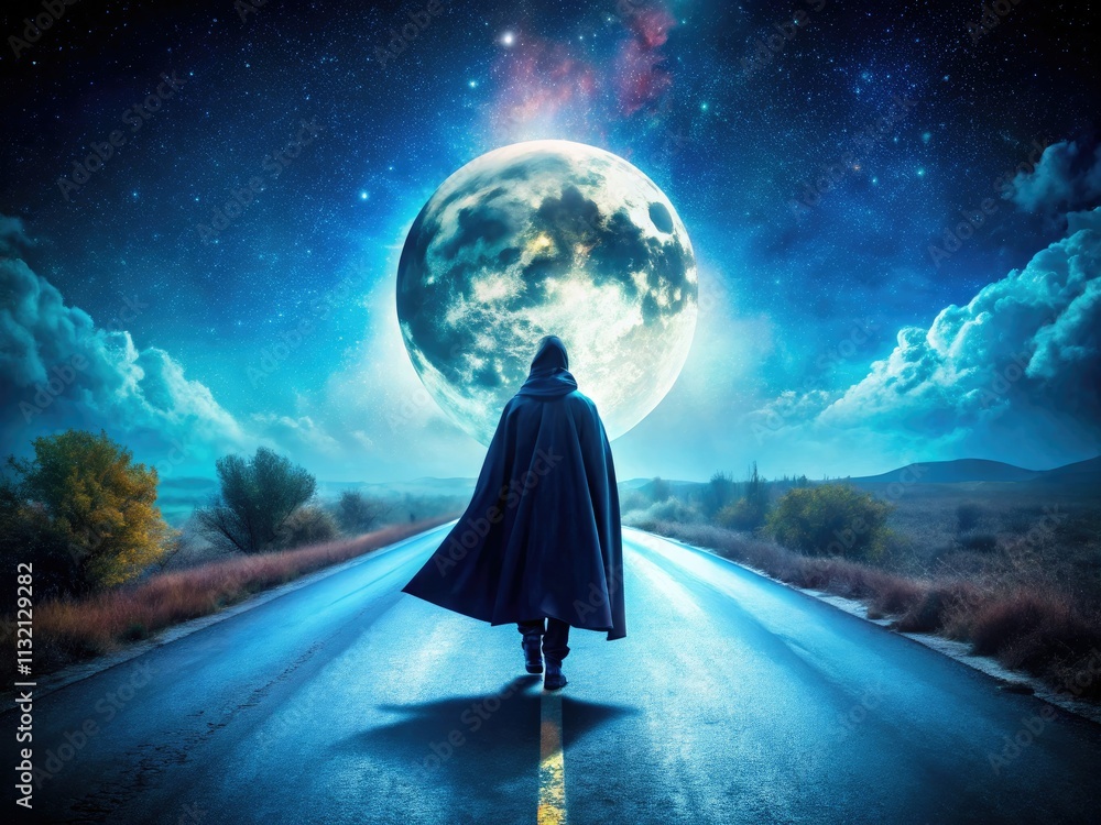 Moonlit Road, Cloaked Figure, Night Walk, Mysterious Path, Dark Fantasy ...