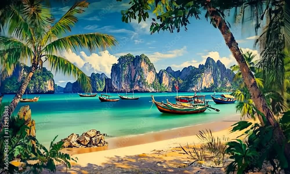 A vibrant beach scene with boats, palm trees, and rocky islands under a ...