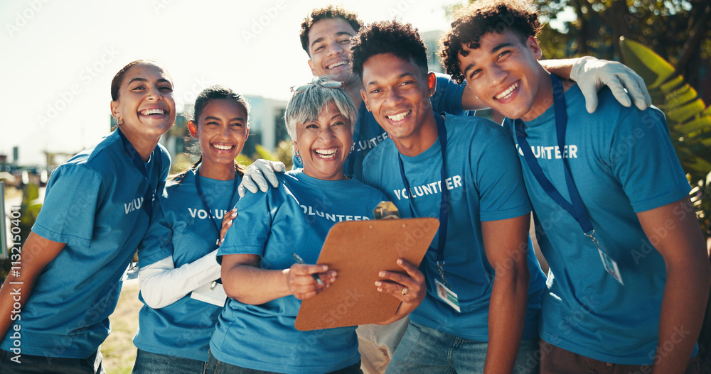 Portrait, happy and group with clipboard, volunteers and joy for ...