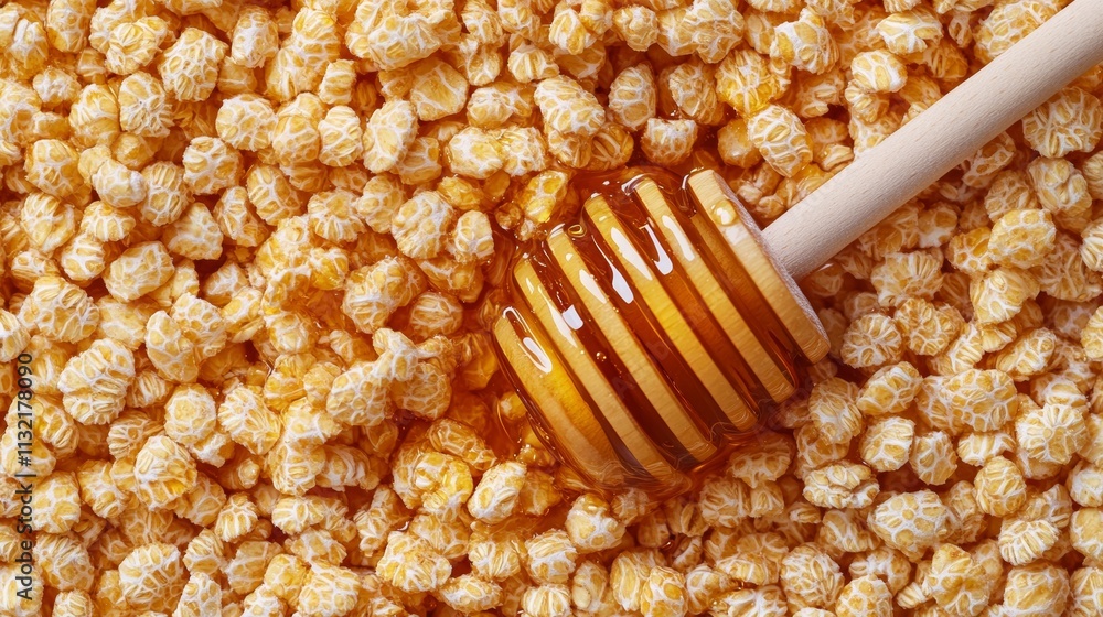 Puffed wheat breakfast cereal with honey background texture macro ...