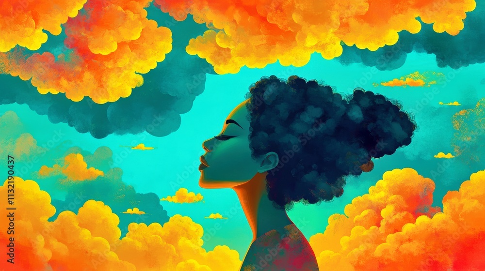 Profile of a woman with afro amidst colorful clouds. Surreal beauty ...