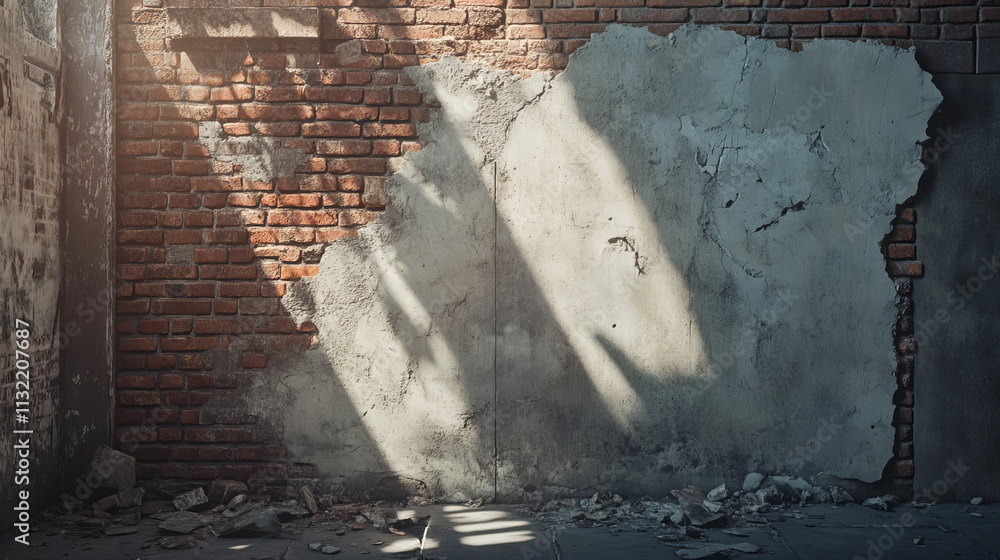 Ilustrace „Broken hole in wall, falling concrete and plaster, bricks ...