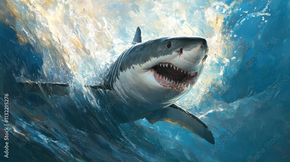 Great white shark swimming in clear blue water, sharp teeth exposed ...