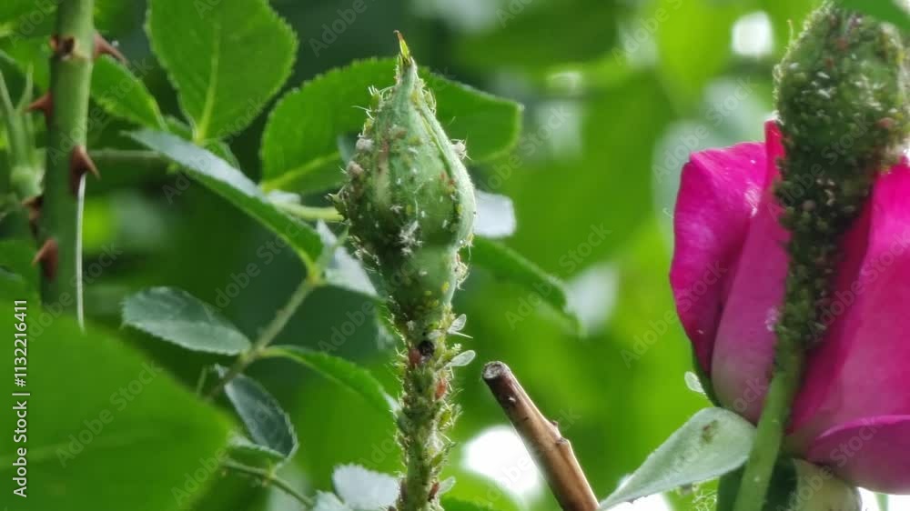 A vibrant pink rose bud stands alongside an aphid-infested bud in a ...