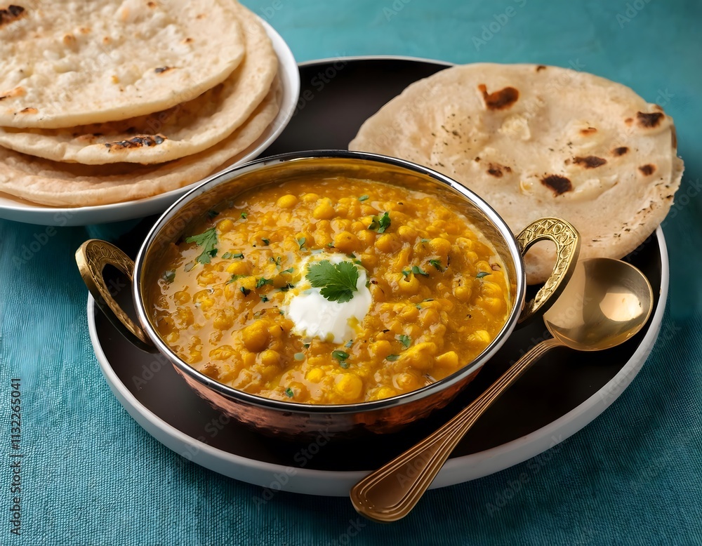 Golden-yellow dal fry with a thick consistency, topped with a dollop of ...