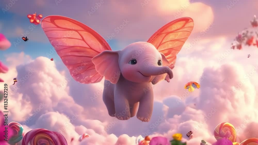 A cute elephant with pink wings flies over a whimsical candy land ...