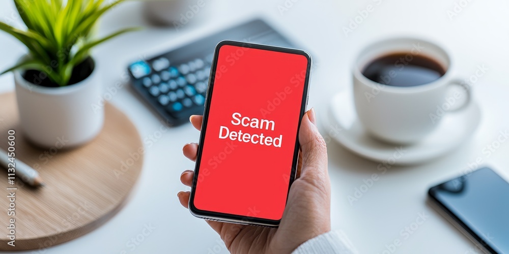 scam protection alert concept. Smartphone displays "Scam Detected" with ...