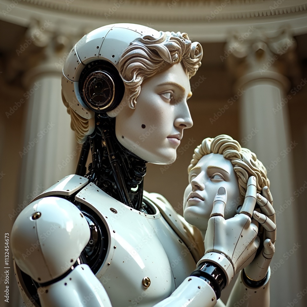 Modern robot with greece statue head. Modern collage ancient rome and ...