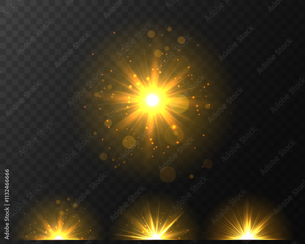 Set of Golden Light Bursts: Shimmering Star Effects, Radiant Sun Flares ...