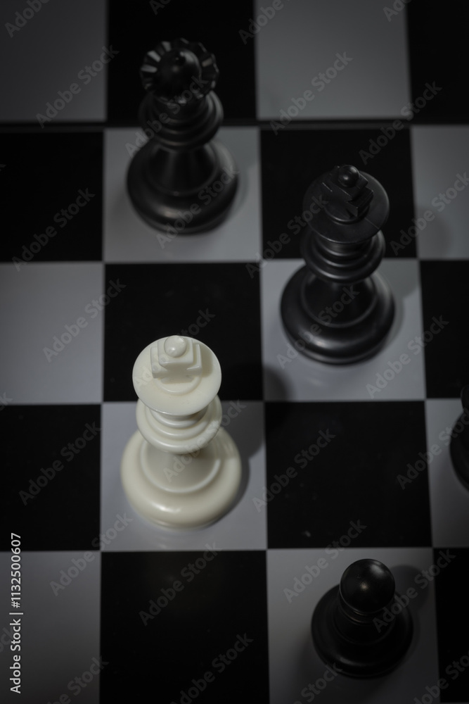 A close-up of a chessboard highlighting the white KING standing out ...