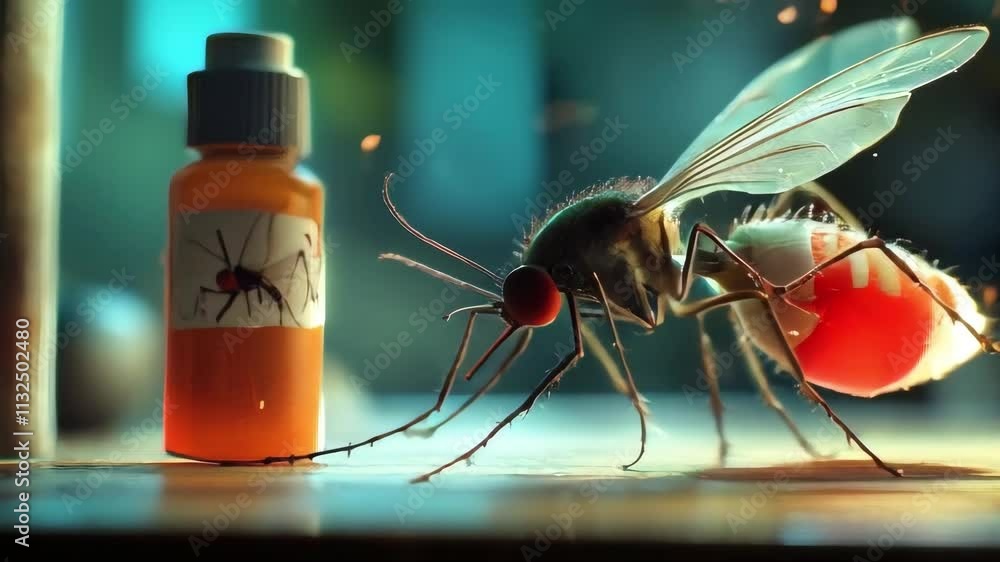 A large, detailed mosquito stands near a bottle of insecticide ...