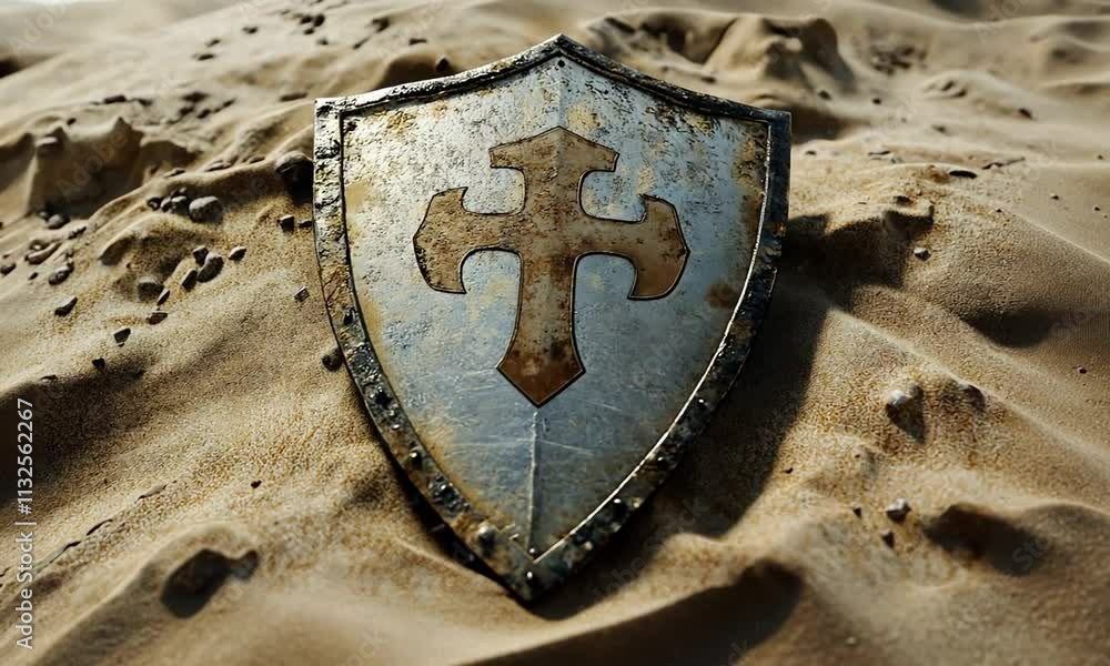 A weathered shield with a cross design resting on sandy terrain ...