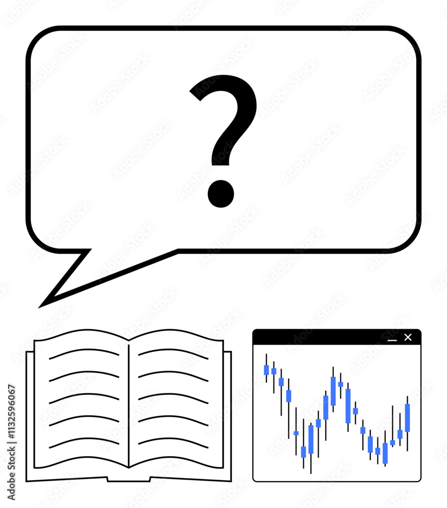 Large speech bubble with a question mark, an open book, and a stock ...