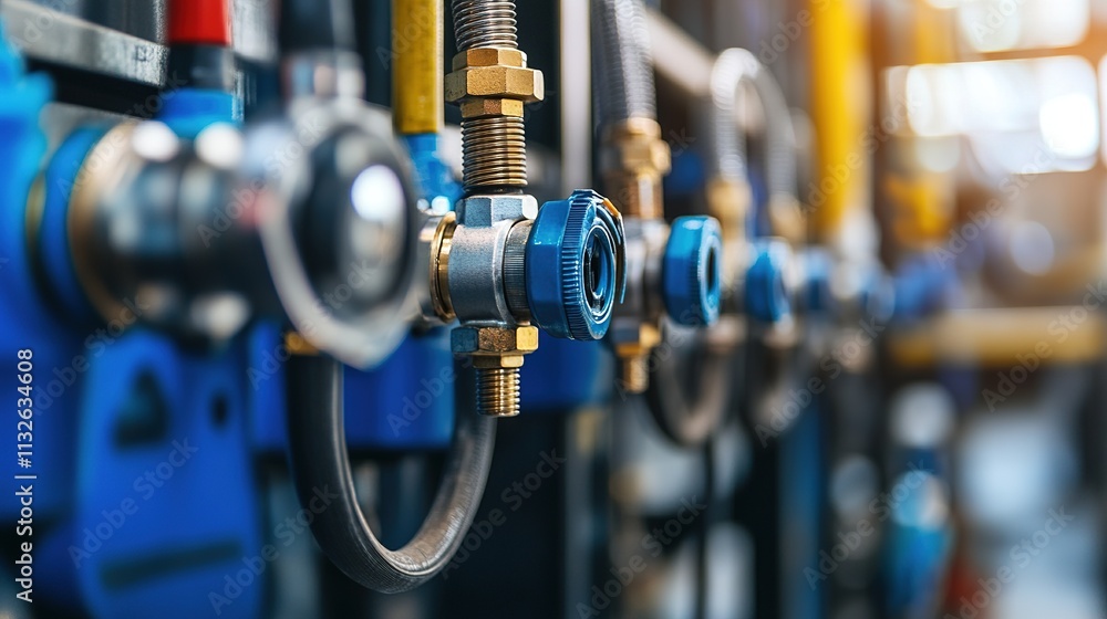 Close-up view of industrial pneumatic tools connected to a compressed ...