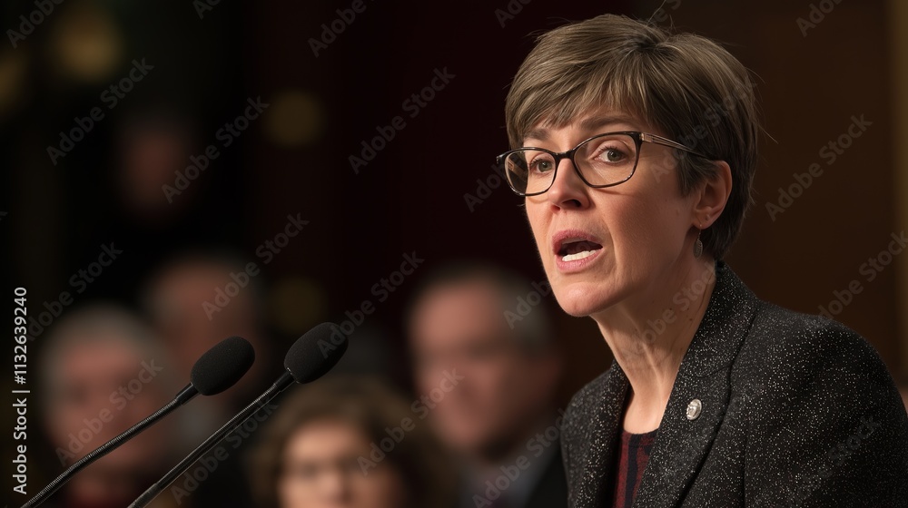 Public figure delivers important speech at a government event in a ...