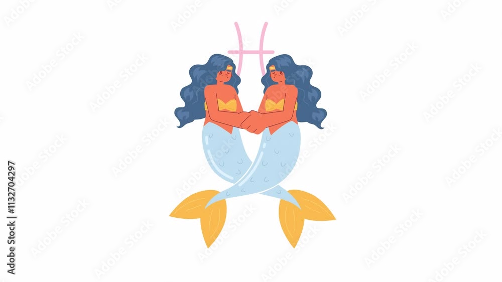 Pisces zodiac sign 2D animation. Blue haired mermaids hugging 4K video ...