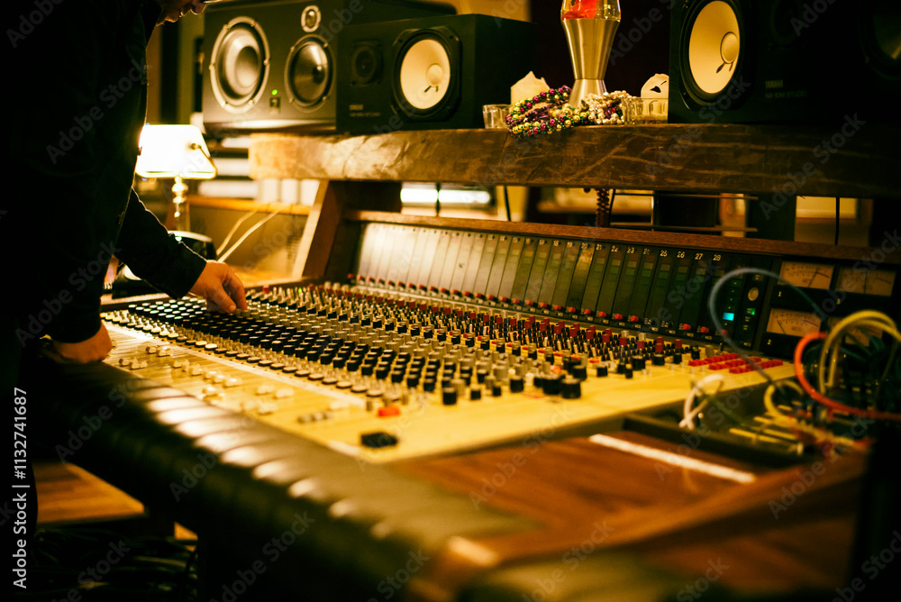 Close-up of a sound engineer adjusting knobs on a vintage audio mixing ...