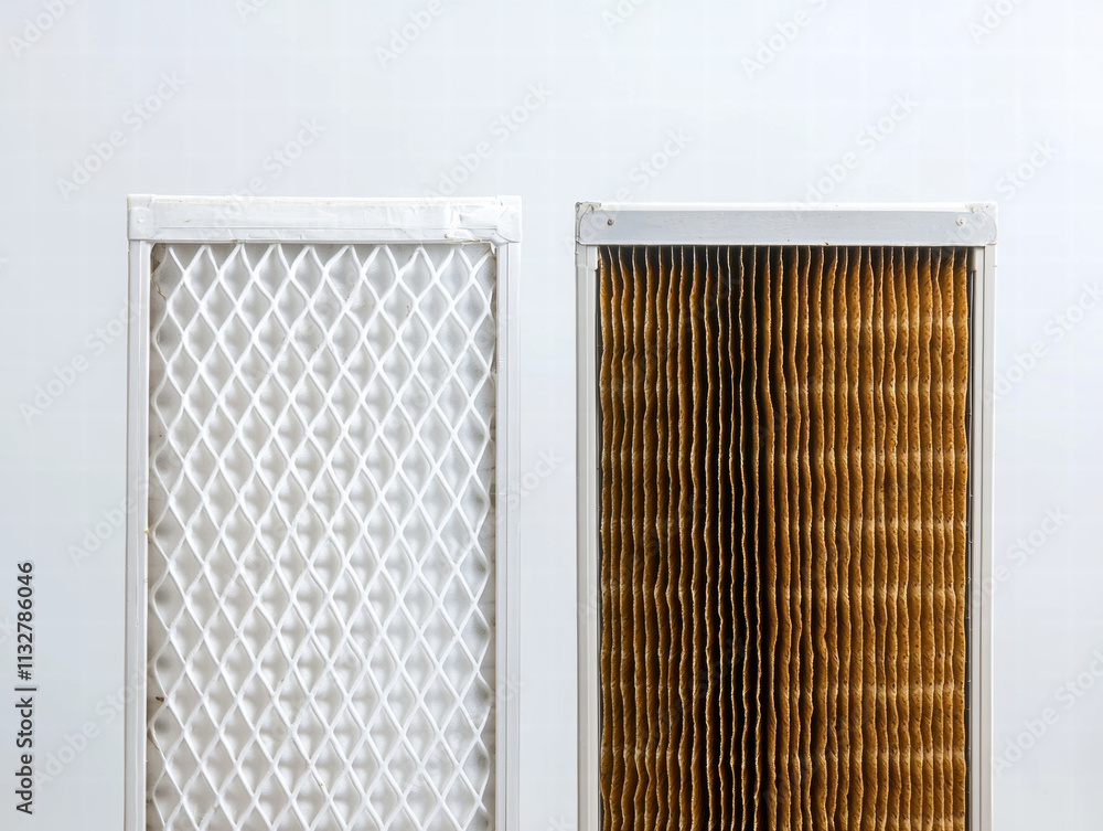 Furnace furniture. Two air filters side by side, one clean and one ...
