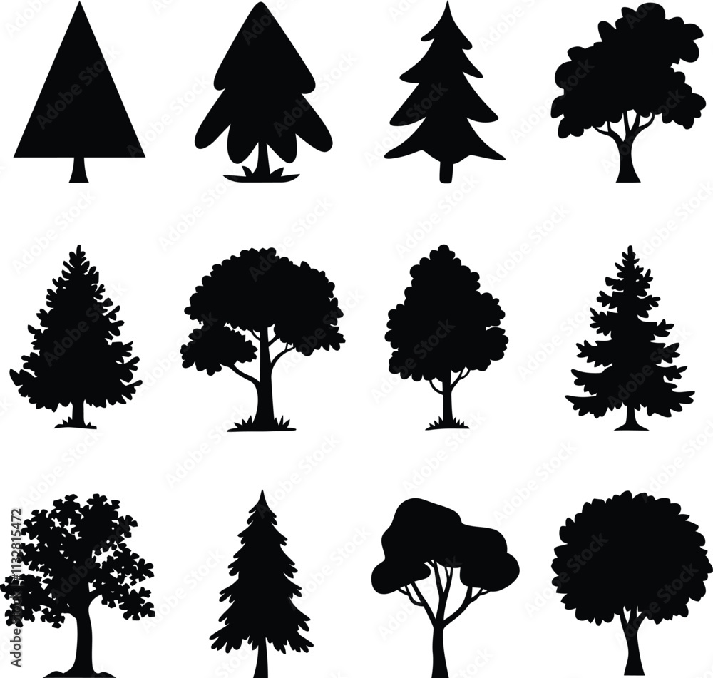 silhouette tree line drawing set, Side view, set of graphics trees ...
