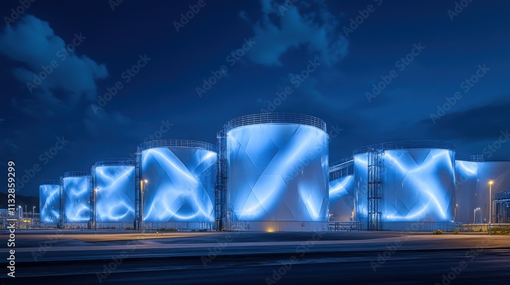 ภาพประกอบสต็อก Moonless Night at a Petrochemical Facility: Cool Blue ...