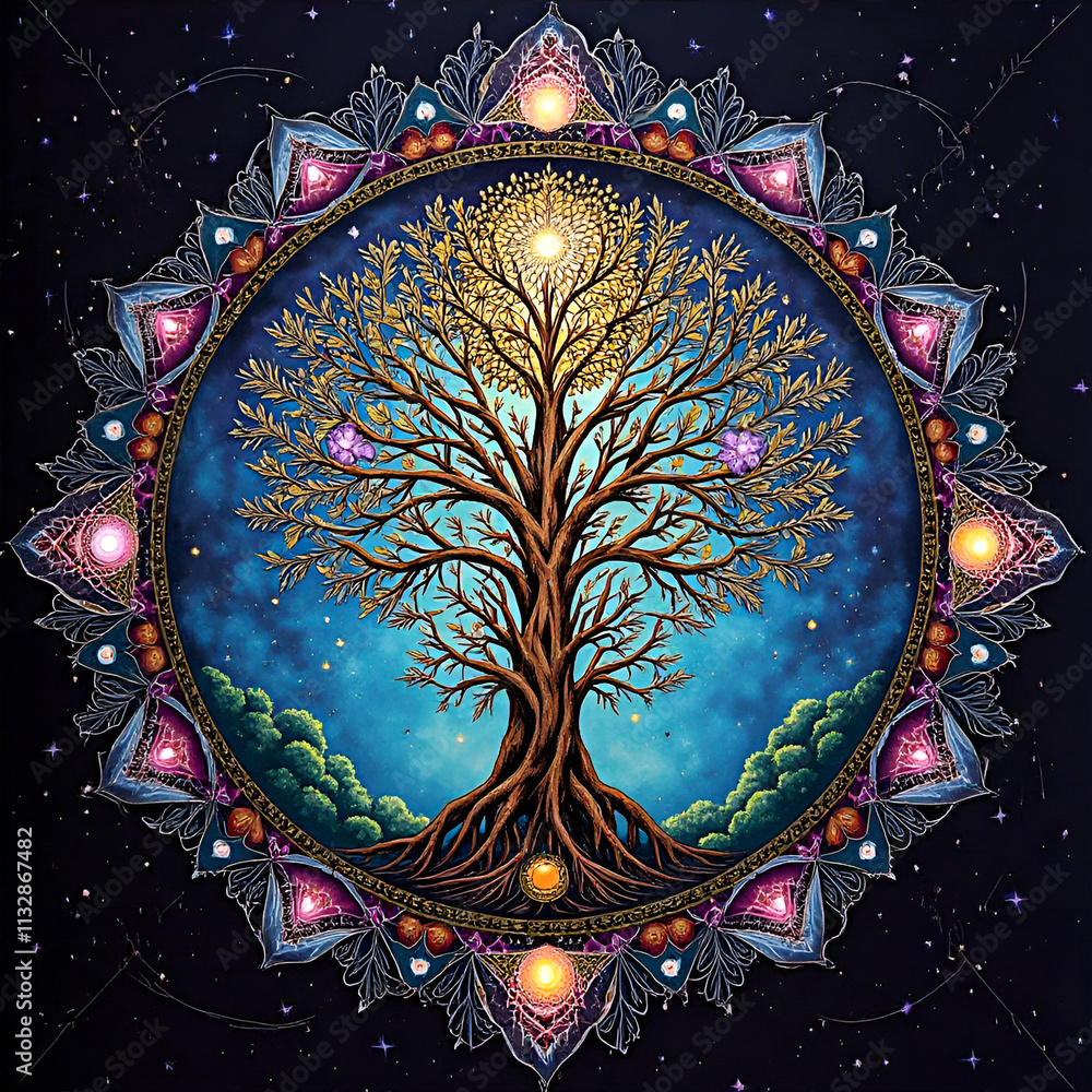 Cosmic Tree of Life design featuring sacred geometry and vibrant colors ...