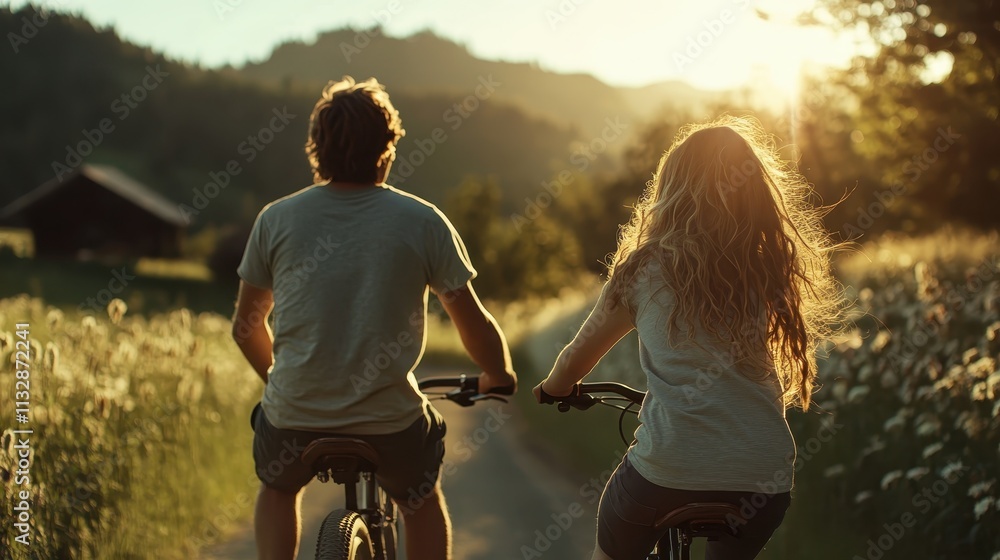 Family enjoys a sun-drenched bike ride along a charming forest path ...