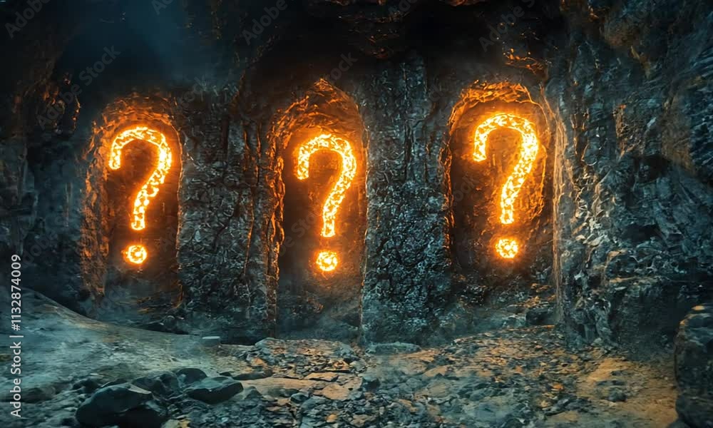 A mysterious cave with three glowing question marks, suggesting ...