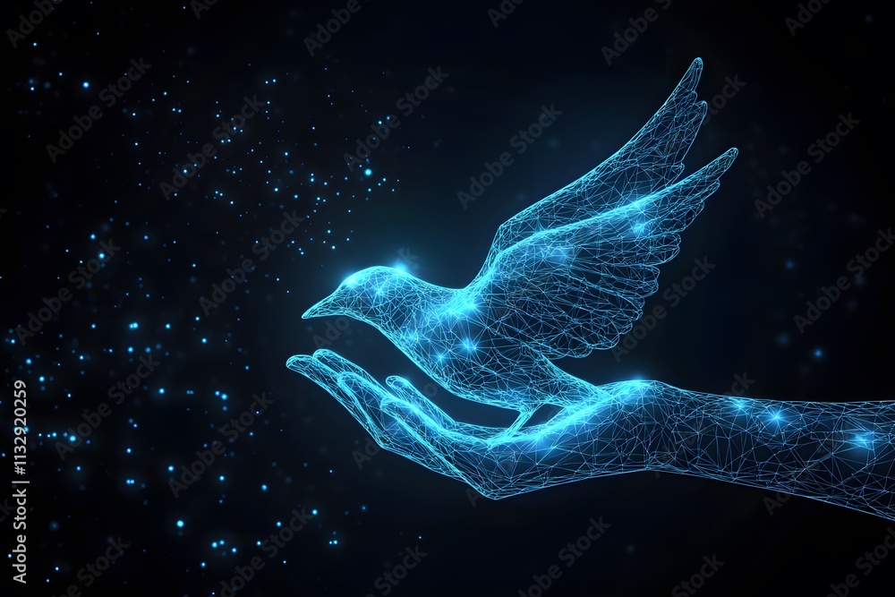 Glowing blue dove flying from open palm against dark background ...