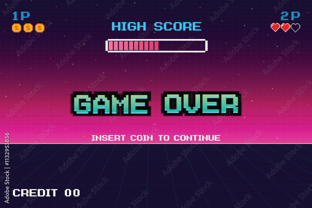 GAME OVER INSERT A COIN TO CONTINUE .Synthwave wireframe net ...